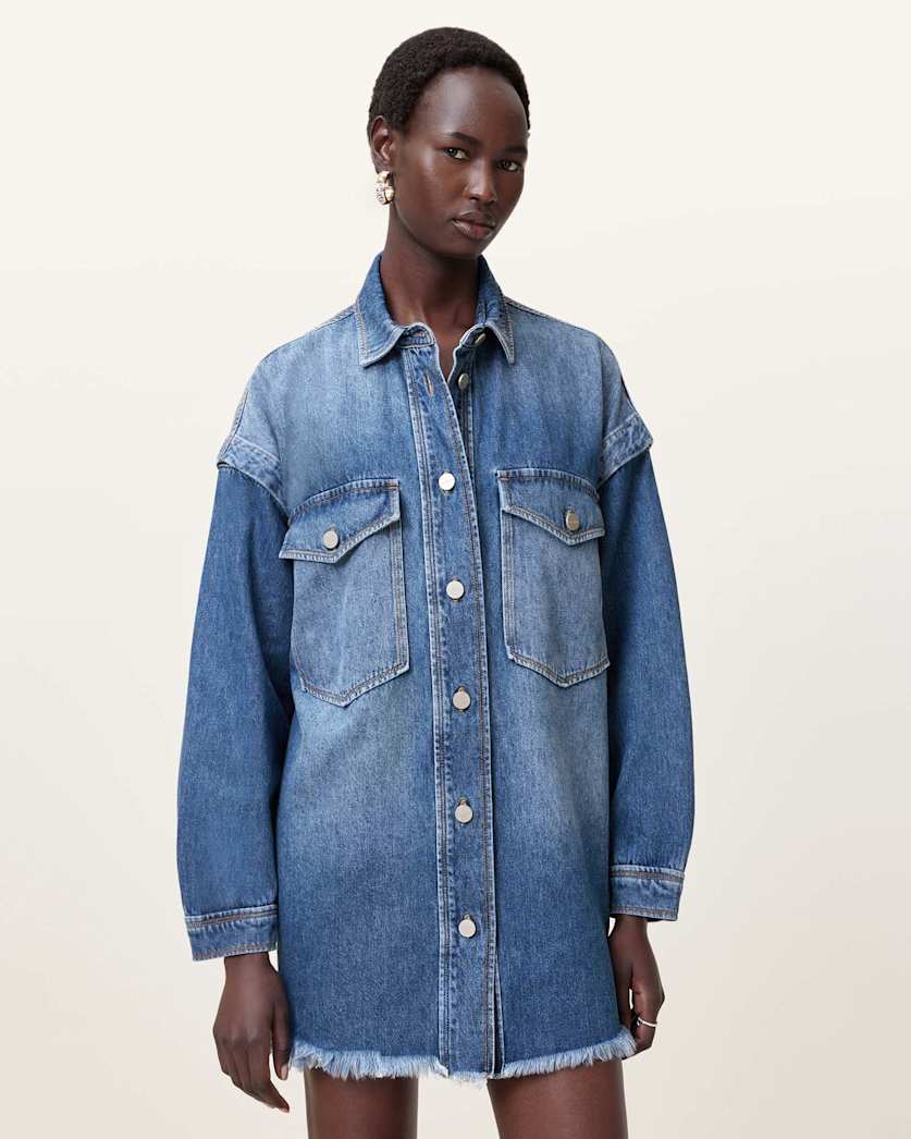 Faye Oversized Denim Shacket Dress Mid Indigo | ALLSAINTS